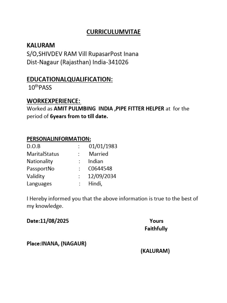 Kalu Ram Assistent Pipe Fitter Helper Fakru Ddin Al Suleman | PDF
