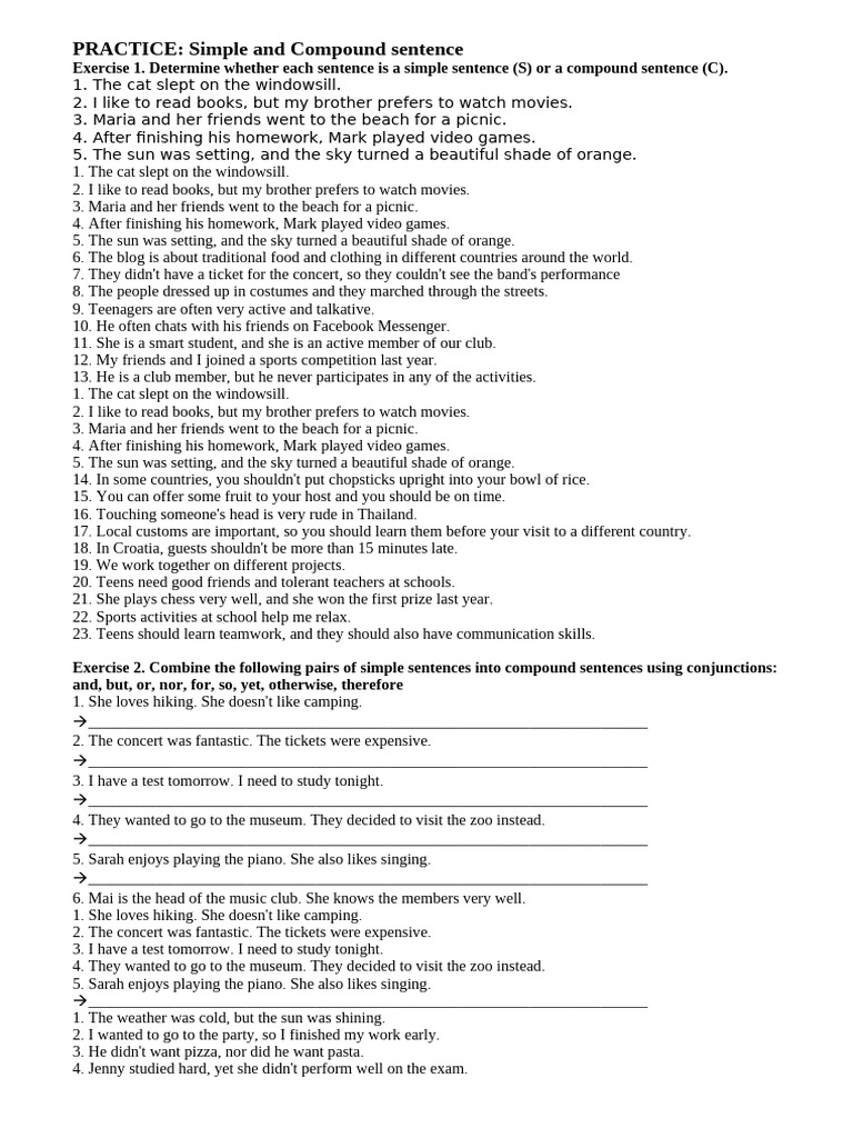 Simple vs. Compound Sentences Exercise | PDF