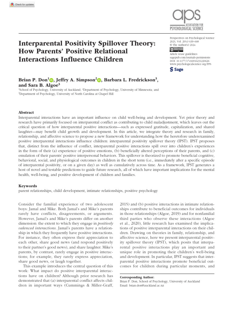 Don Et Al 2024 Interparental Positivity Spillover Theory How Parents ...