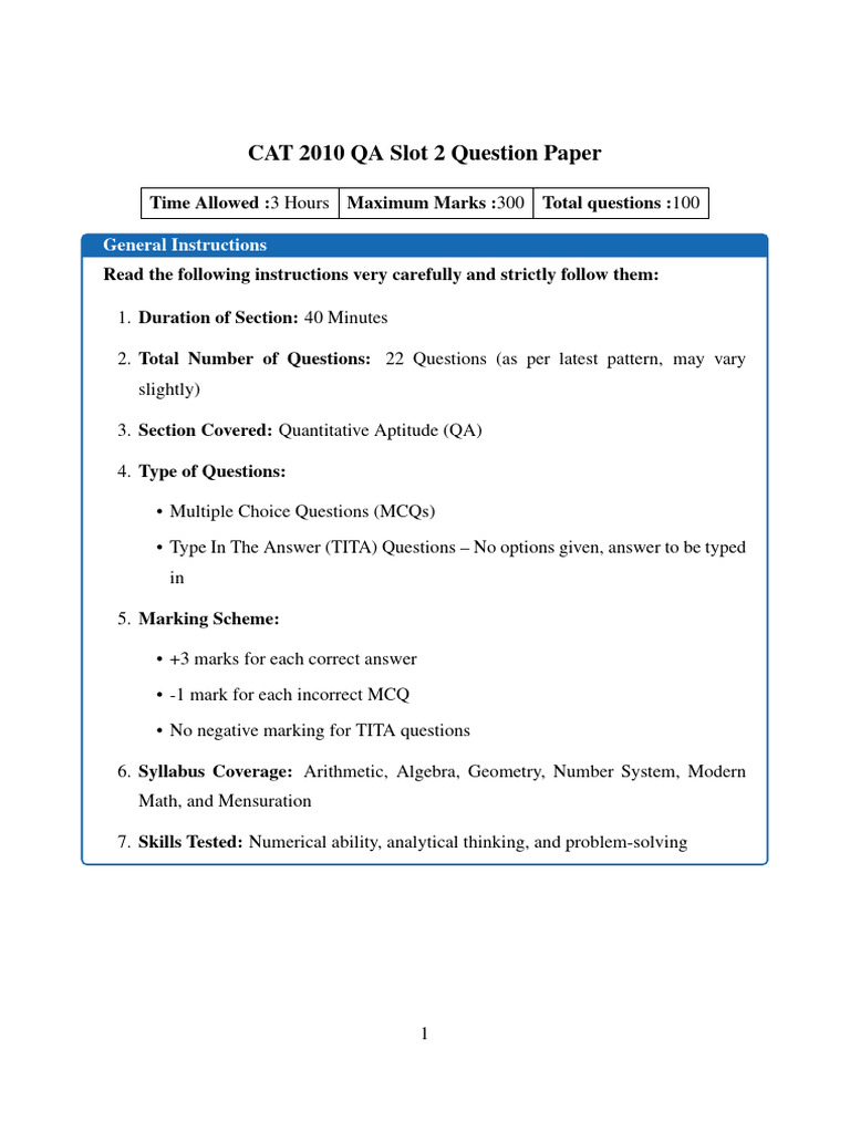 CAT 2010 QA Slot 2 Question Paper | PDF | Multiple Choice | Mathematics