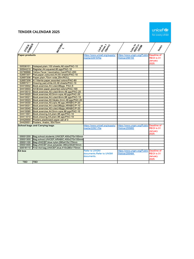 UNICEF Tender Calendar 2025 | PDF | Printing Materials | Office Work