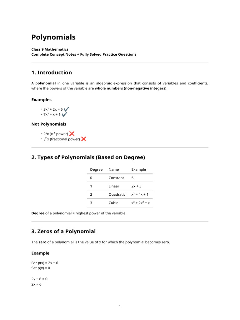 Class 9 Maths - Polynomials (Complete Notes + Solved Practice) | PDF ...