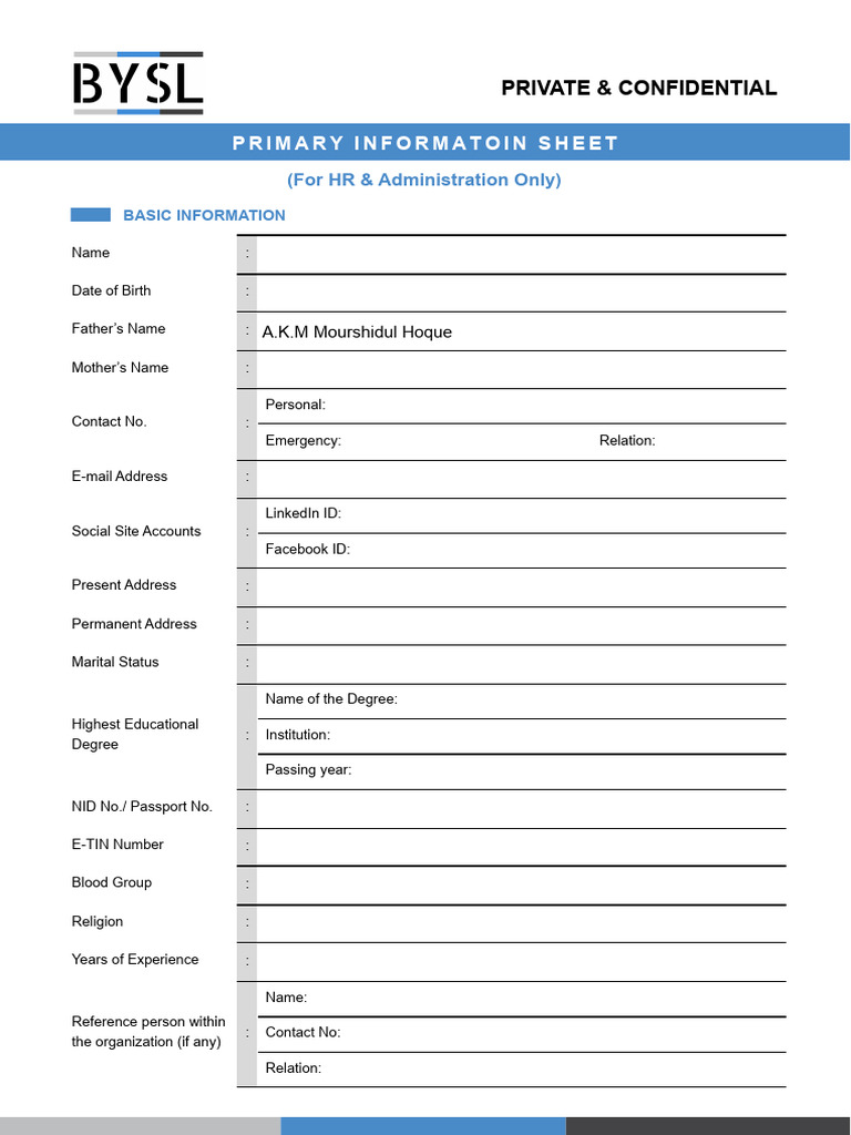 Primary Information Sheet | PDF