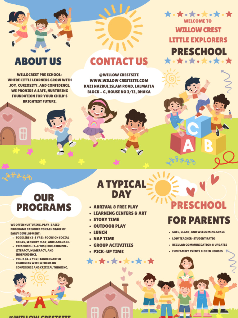 Yellow Blue and Pink Playful Preschool Trifold Brochure | PDF