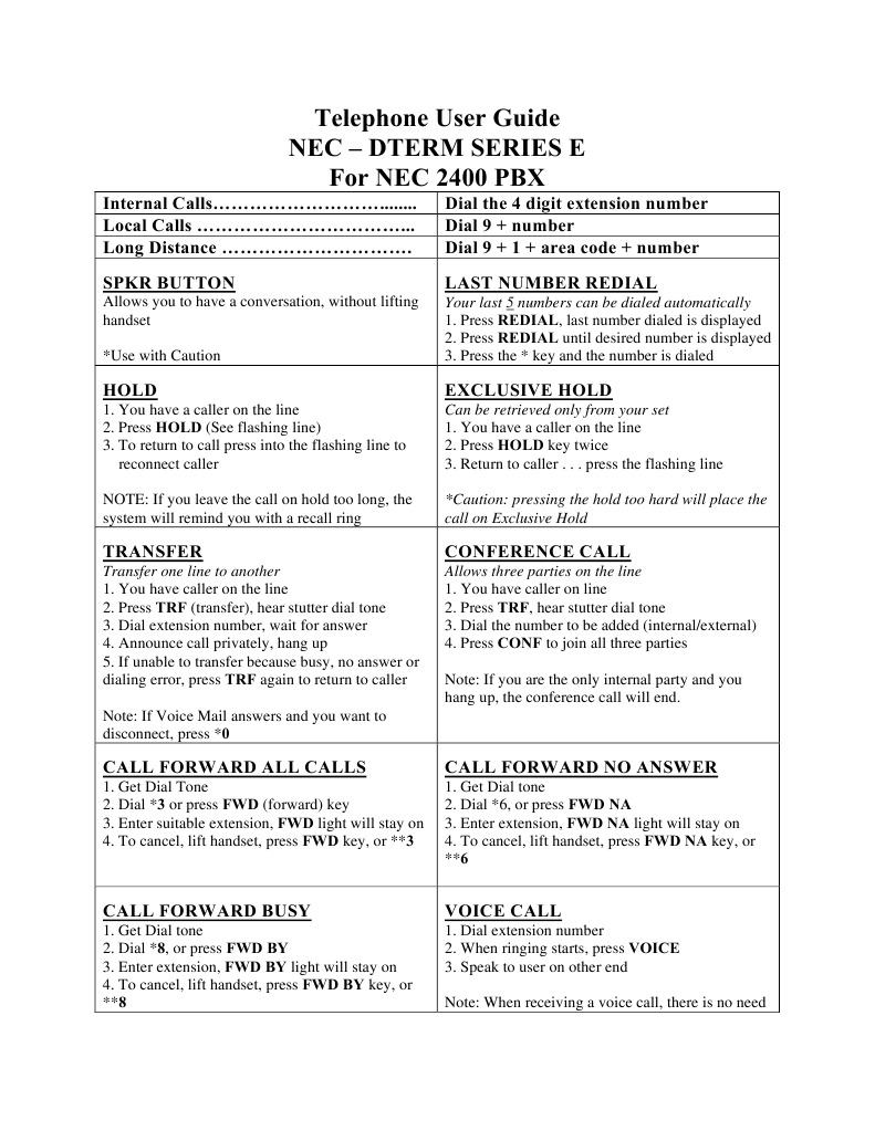 Telephone User Guide Nec - Dterm Series E For NEC 2400 PBX: Your Last 5 ...