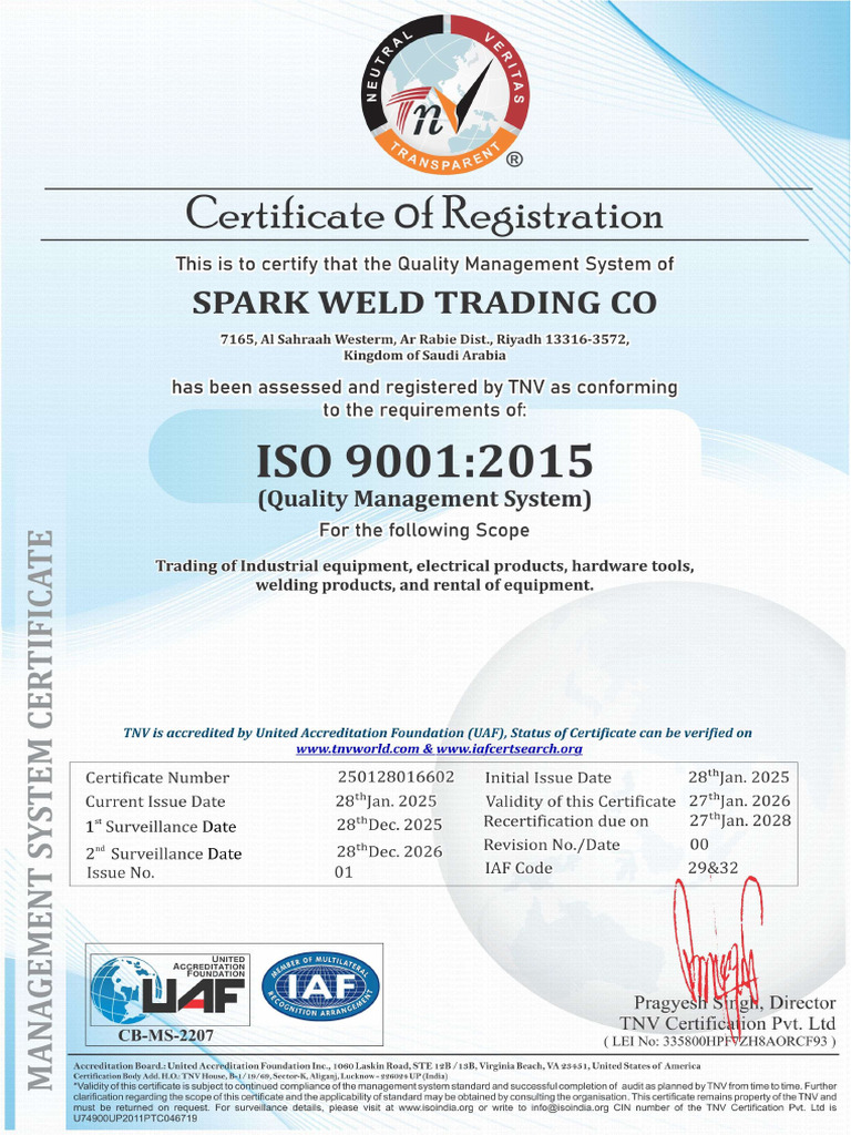 Certificate 9001 - Initial 2025 - Spark Weld Trading Co | PDF