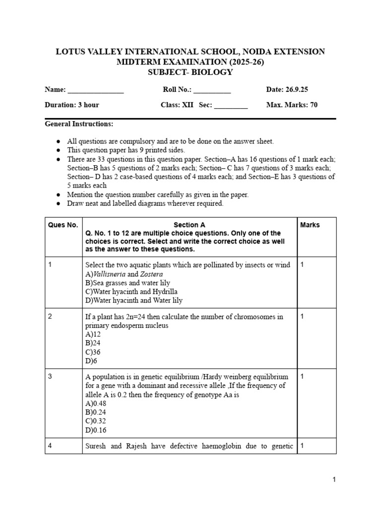 Biology Midterm Exam Paper 2025-26 | PDF | Biotechnology | Genetics