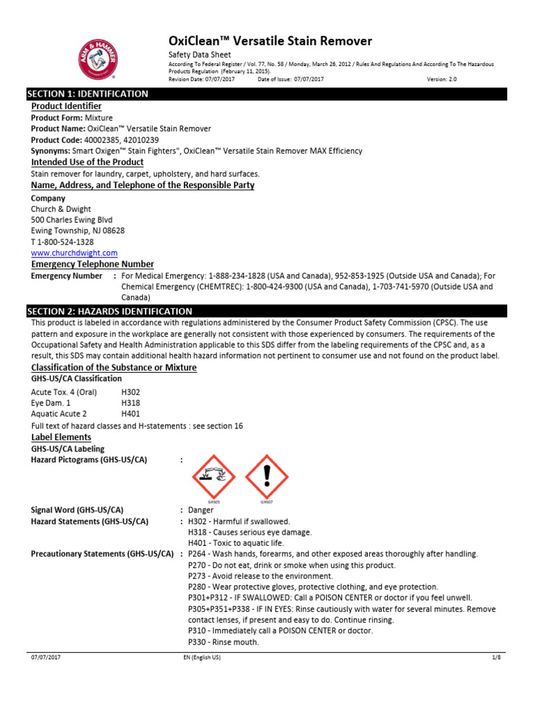 OxiClean™ Stain Remover Safety Data Sheet | PDF | Firefighting | Toxicity