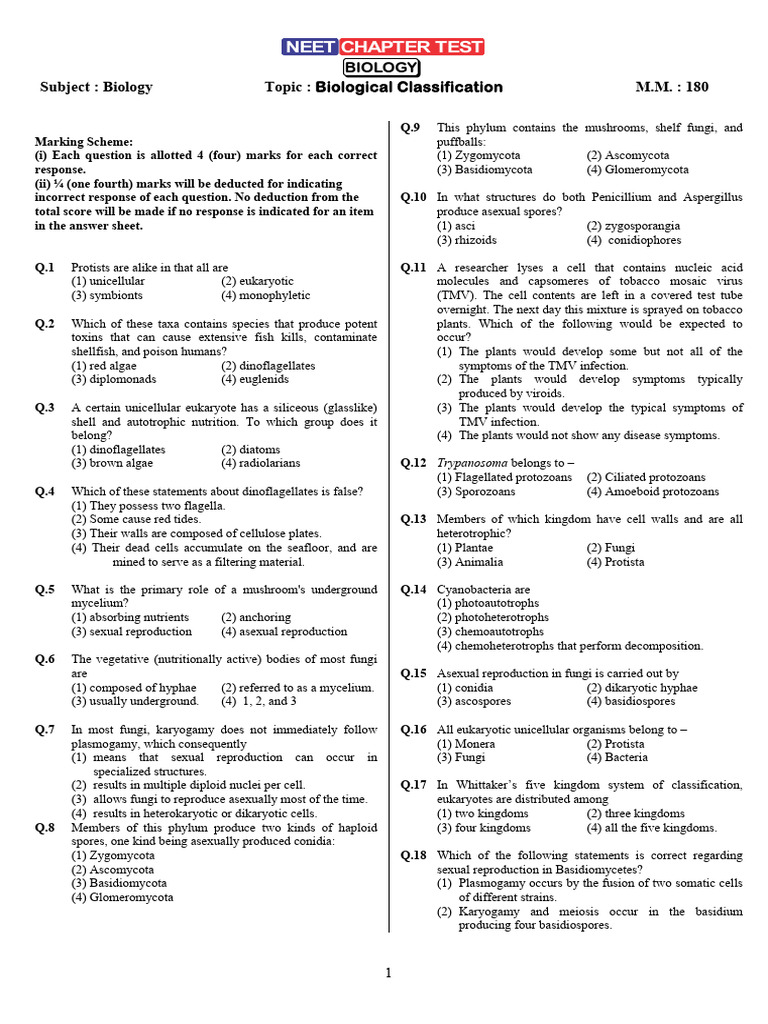 Chapter Test-2 (Biological Classification) | PDF | Fungus | Protozoa