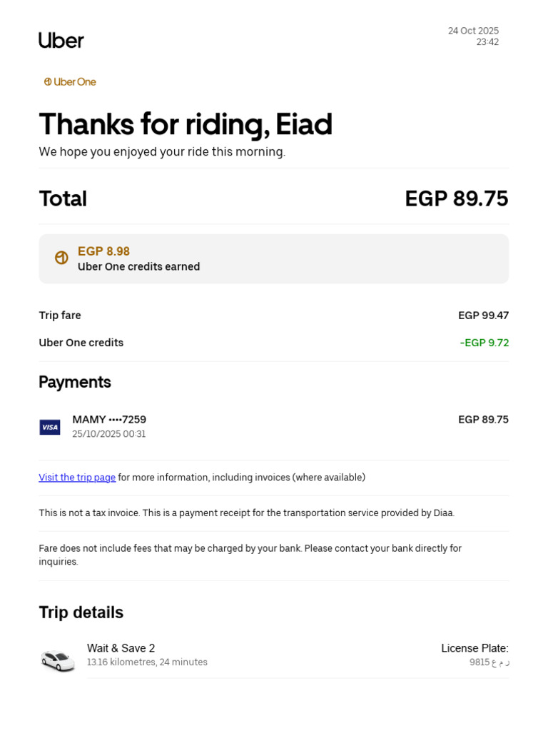 Uber Ride Receipt - EGP 89.75 Payment | PDF