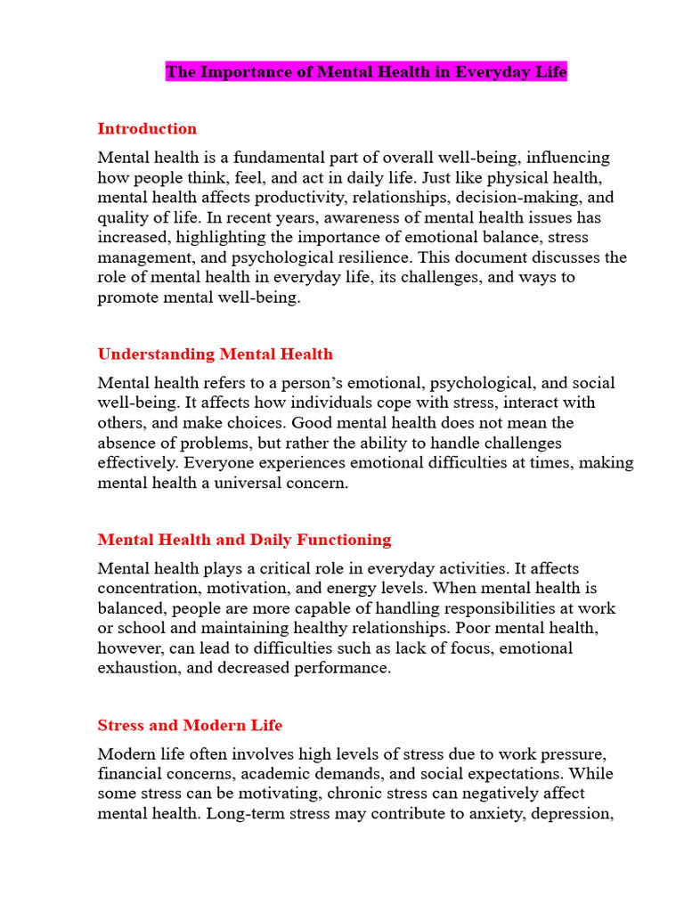 Mental Health's Role in Daily Life | PDF | Mental Health | Well Being