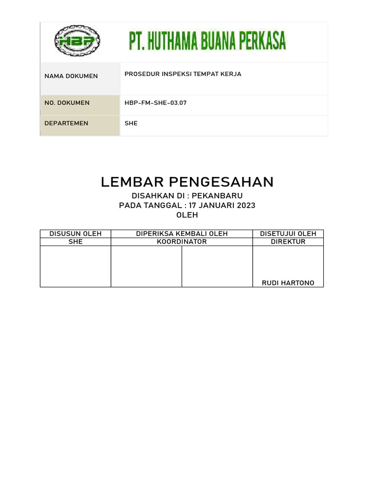Prosedur Inspeksi Tempat Kerja SHE | PDF