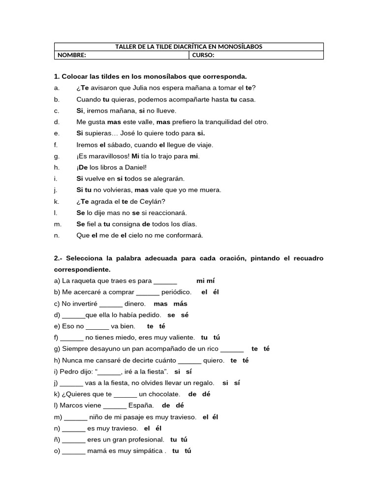 Tilde Diacrítica en Monosílabos: Taller | PDF