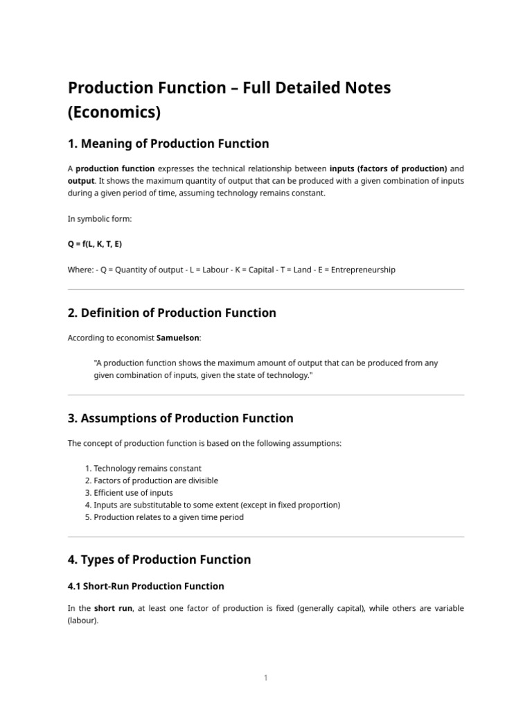 Production Function - Full Detailed Notes | PDF | Production Function ...