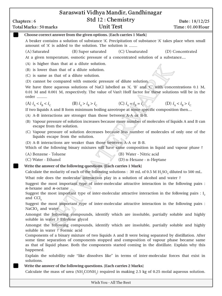 Std 12 Chemistry Unit Test Paper | PDF | Solubility | Chemistry