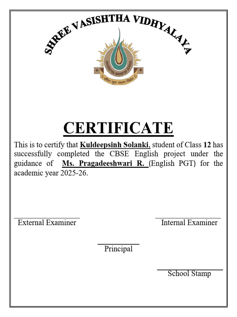 CBSE English Project Completion Certificate | PDF