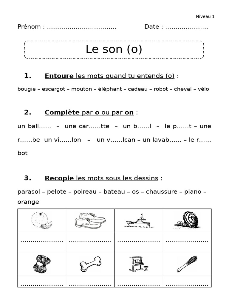 Activités sur le son (o) pour enfants | PDF