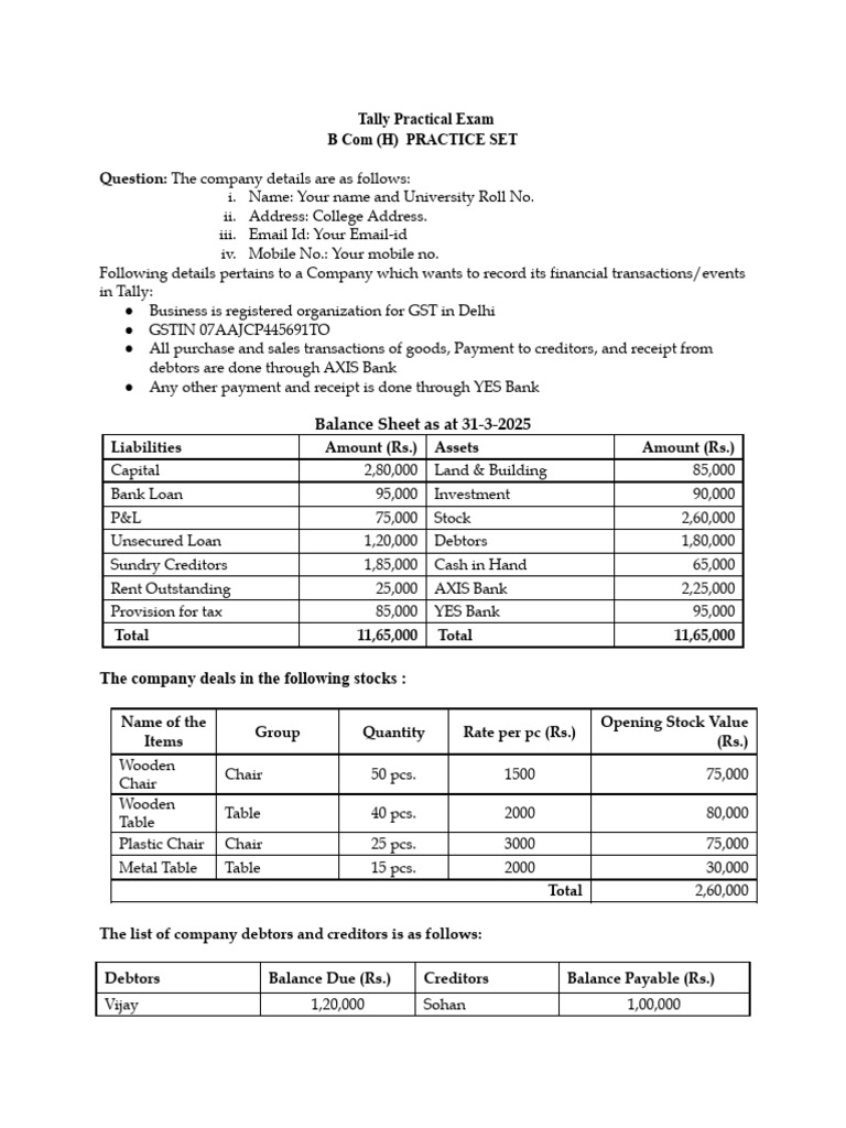 Tally Practical Exam: B Com (H) Practice Set | PDF | Banks | Receipt