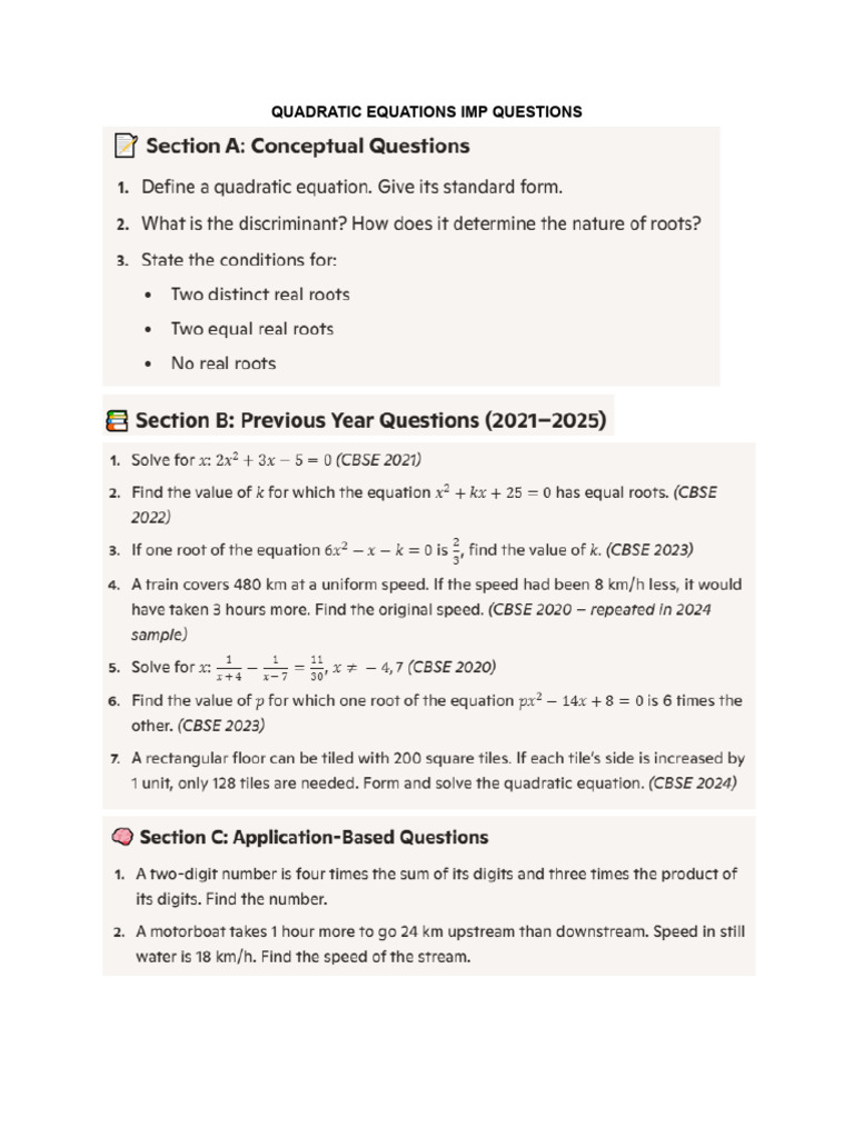 Quadratic Equations Imp Questions | PDF