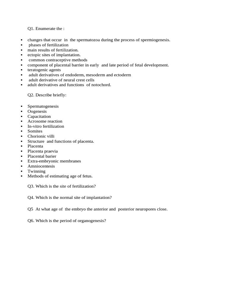 Questions On General Embryology | PDF