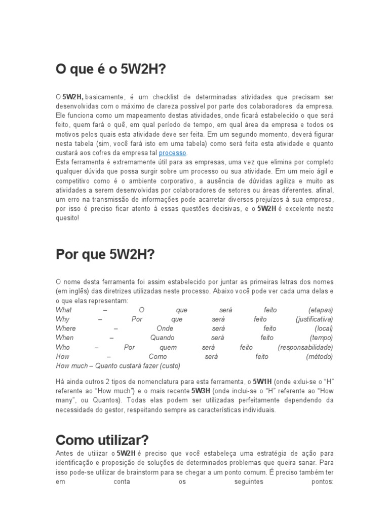 O Que É o 5W2H?: Processo | PDF | Planejamento estratégico | Business