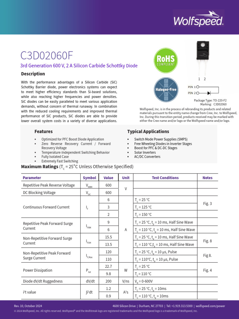 C3D02060F Data Sheet, 600 V, Discrete SiC Schottky Diode - Wolfspeed ...