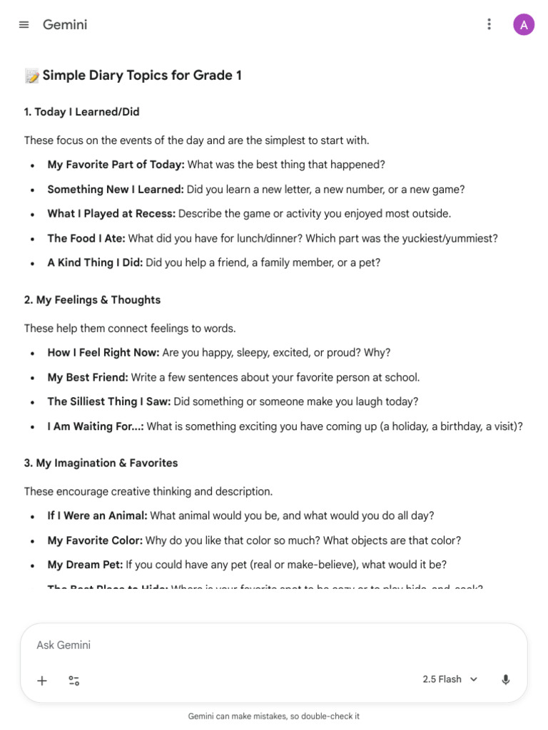 Grade 1 Diary Topics Ideas | PDF