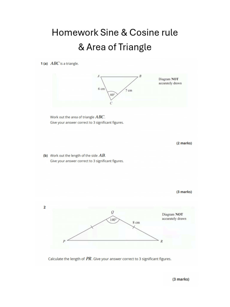 Homework Sine & Cosine Rule & Area of Triangle | PDF