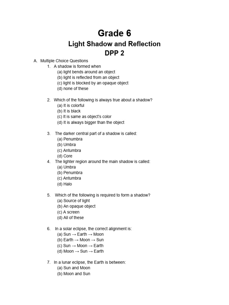 Grade 6 Light and Shadow Quiz | PDF | Solar Eclipse | Eclipse
