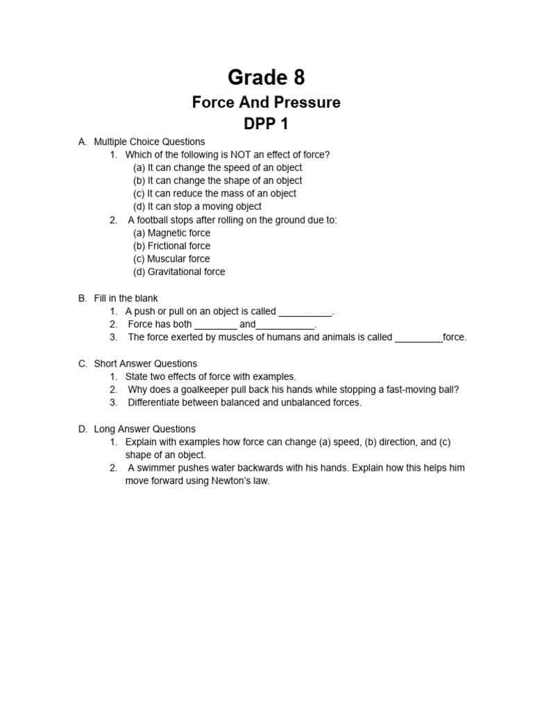 Grade 8 Force and Pressure DPP 1 | PDF