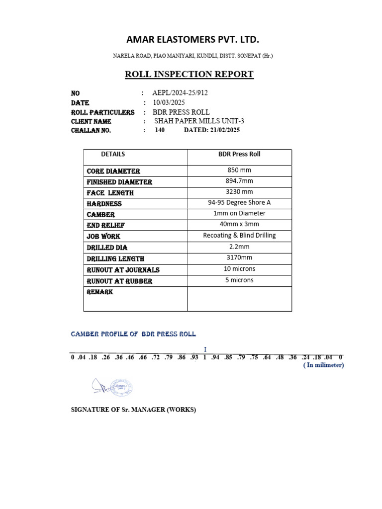 Inspection Report of 3rd Press Bottom BD Roll | PDF