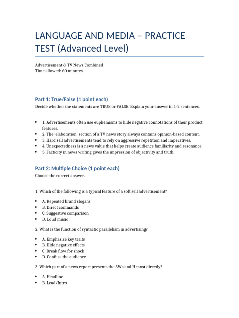 Advanced Language and Media Test | PDF | Advertising | News