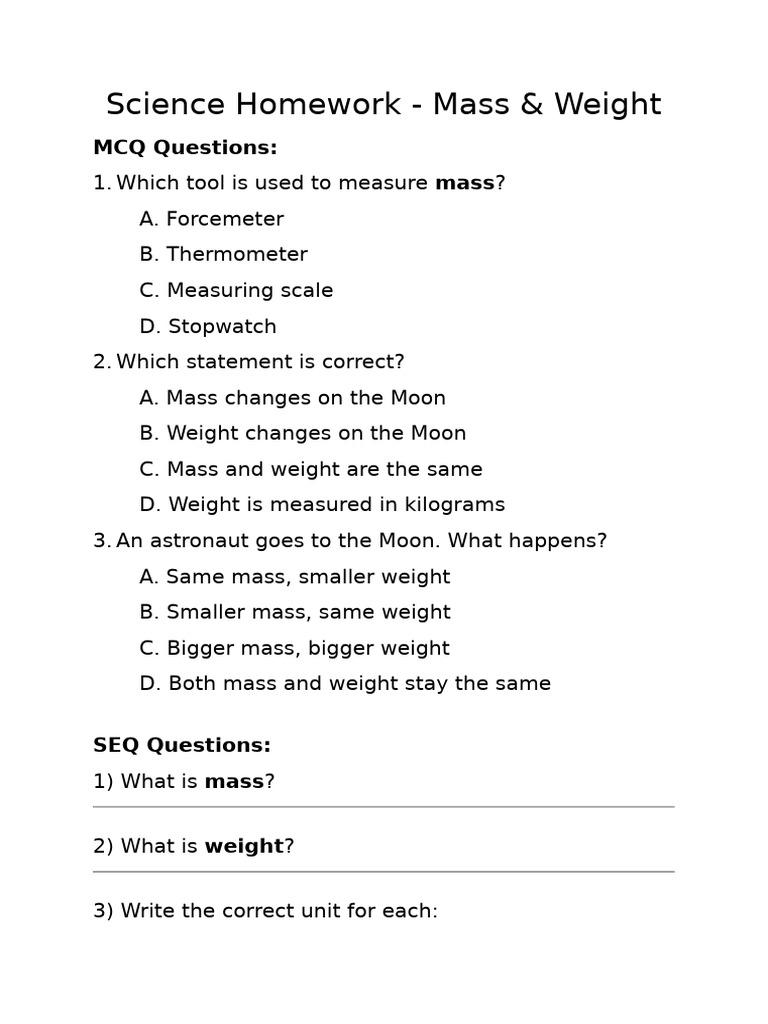 Science Homework - Mass & Weight | PDF