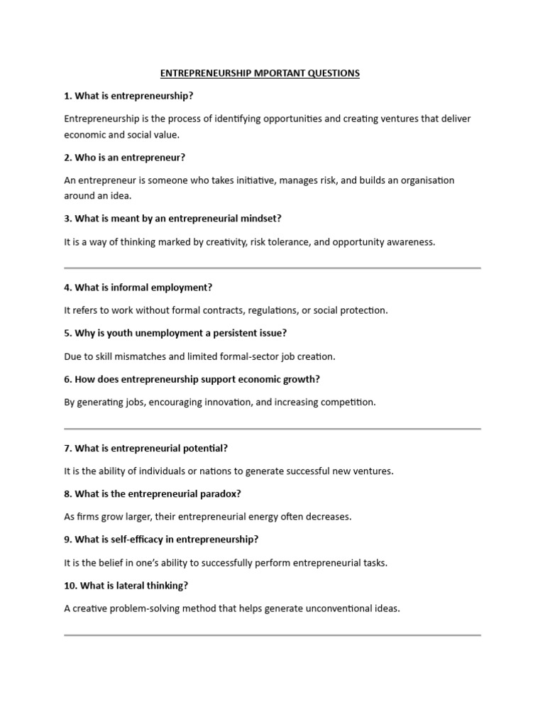 Entrepreneurship Important Questions and Answers | PDF ...