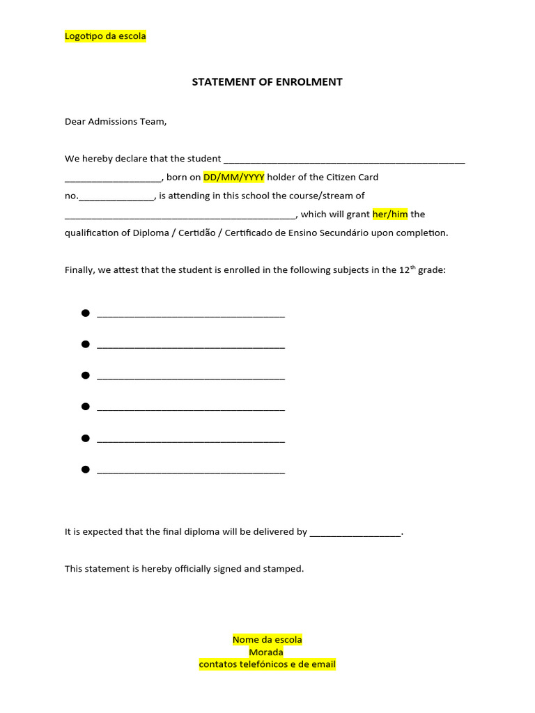 School Enrollment Statement Template | PDF