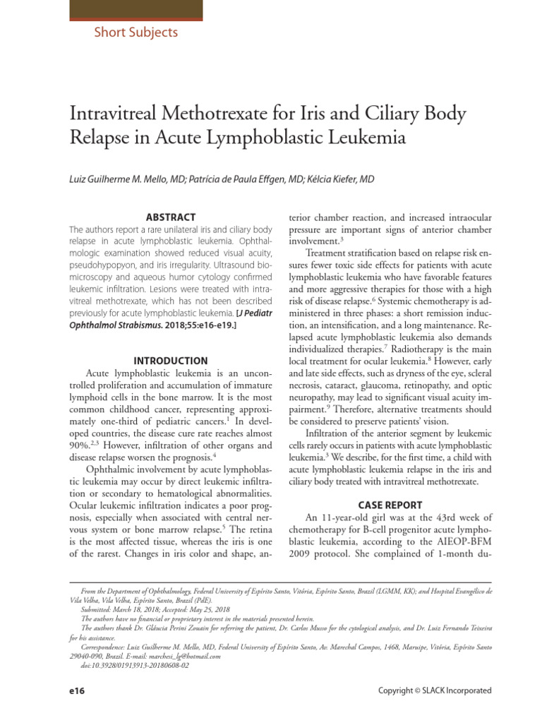 Intravitreal Methotrexate For Iris and Ciliary Body Relapse in Acute ...
