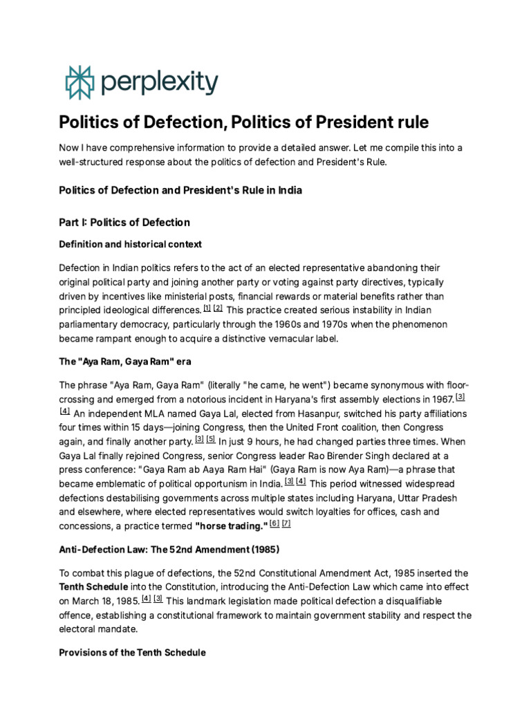 Politics of Defection, Politics of President Rule | PDF | Government ...