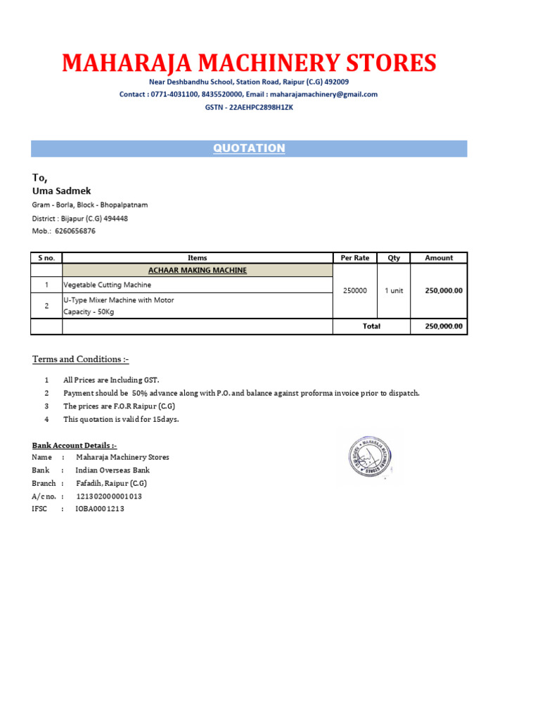 Quotation for Achar Making Machinery | PDF