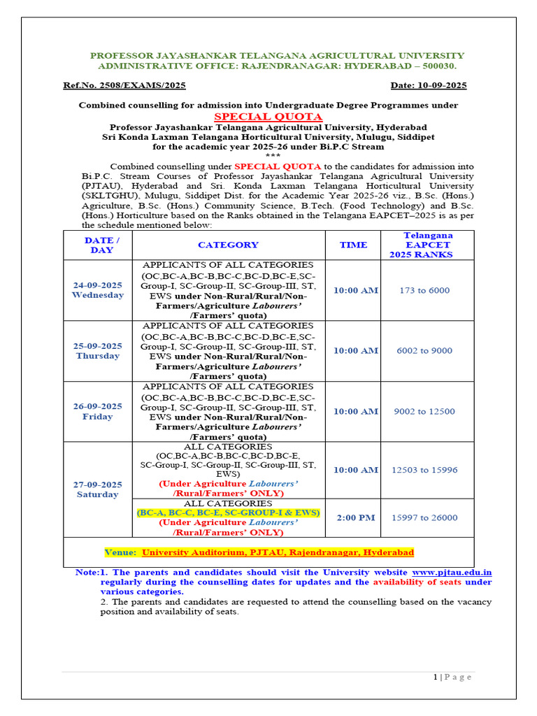 PJTAU Special Quota Admission 2025-26 | PDF