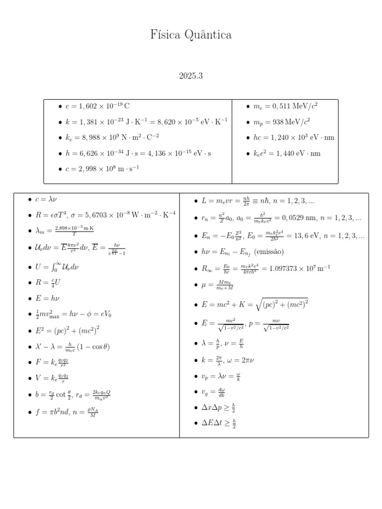 Formulas Ufabc FISICA QUANTICA | PDF