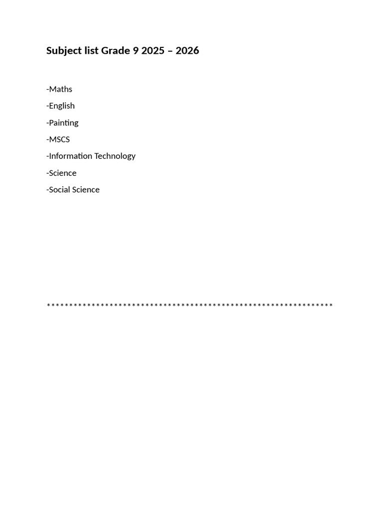 Subject List Grade 9 | PDF