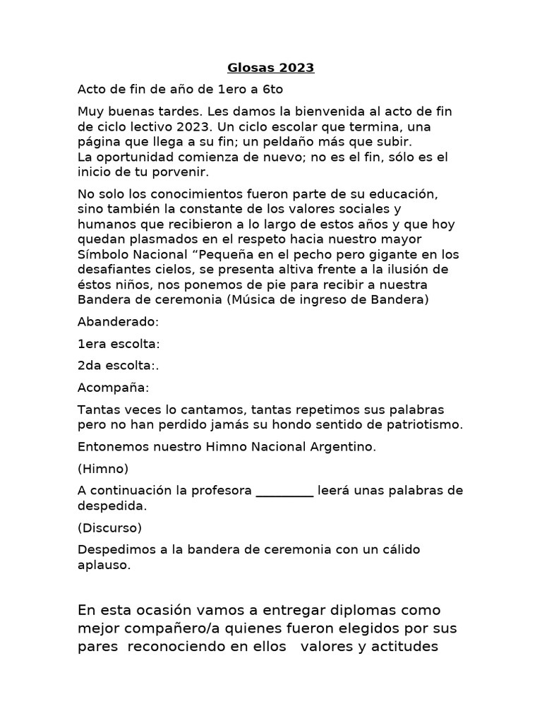 Acto de Fin de Año Escolar 2023 | PDF