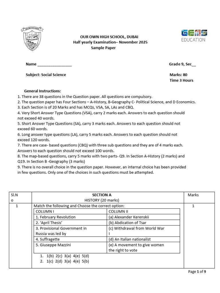 Half Yearly Sample Paper Gr.9 | PDF