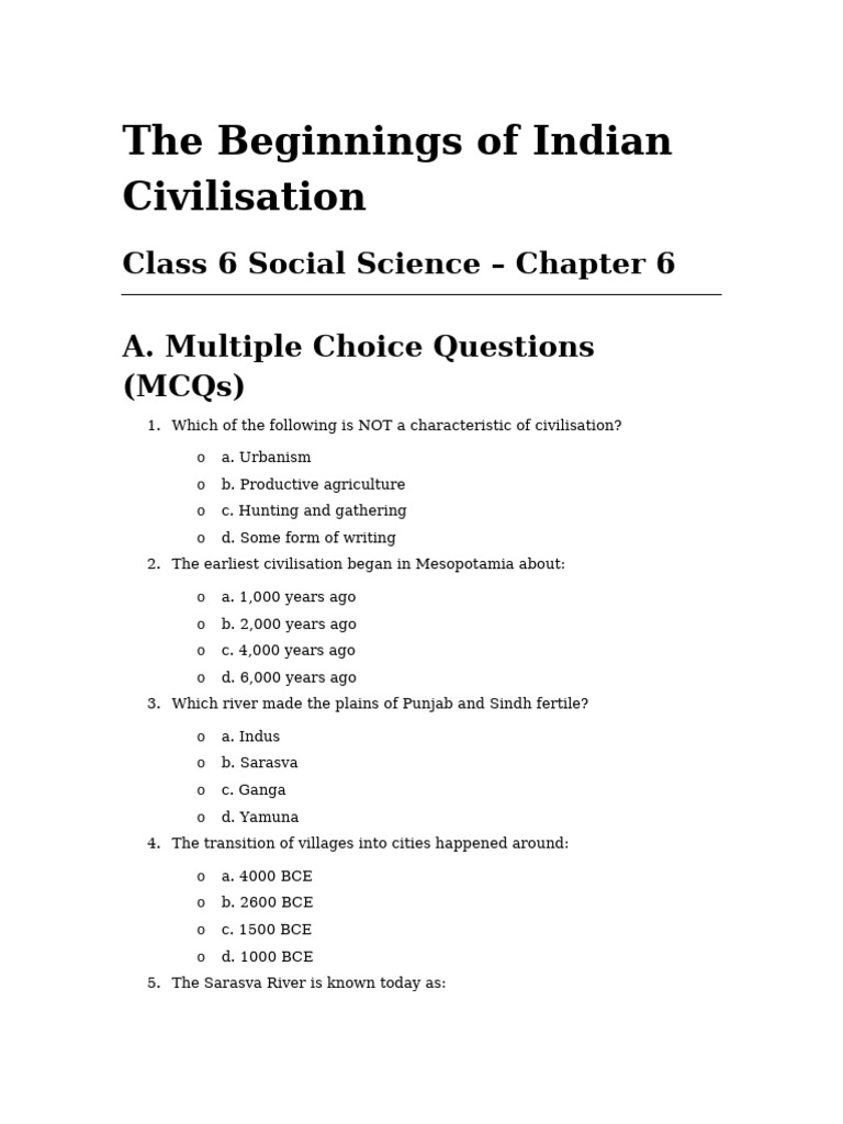 Indian Civilisation: Chapter 6 MCQs & Insights | PDF