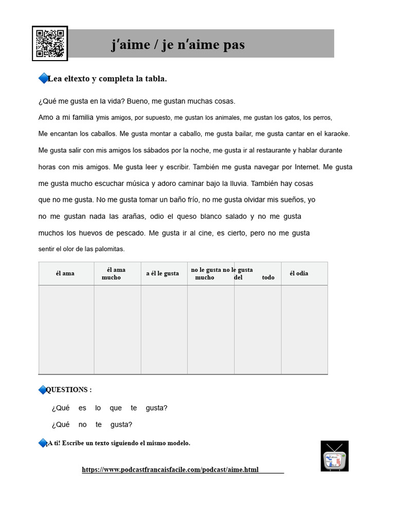 J Aime / Je N Aime Pas: Lea Eltexto y Completa La Tabla | PDF