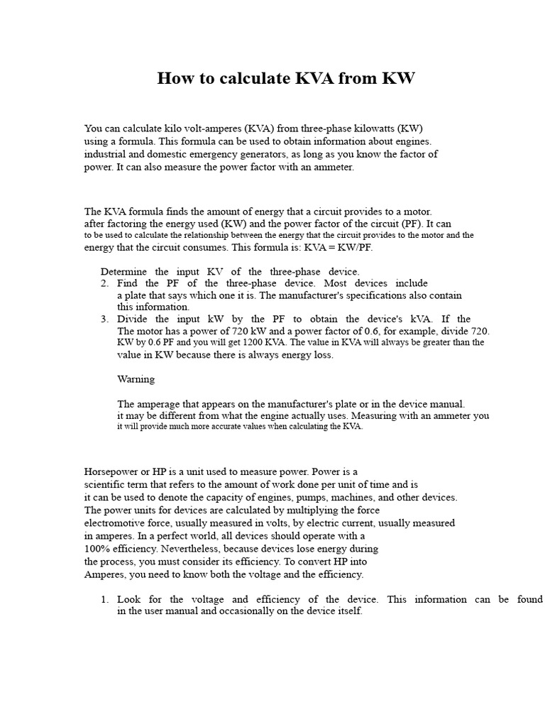 Calculate KVA from KW: A Step-by-Step Guide | PDF | Electric Current ...