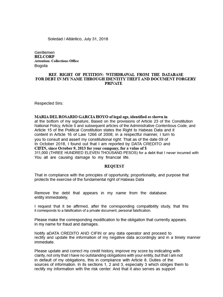 Petition to Remove Identity Theft Debt | PDF | Justice | Crime & Violence