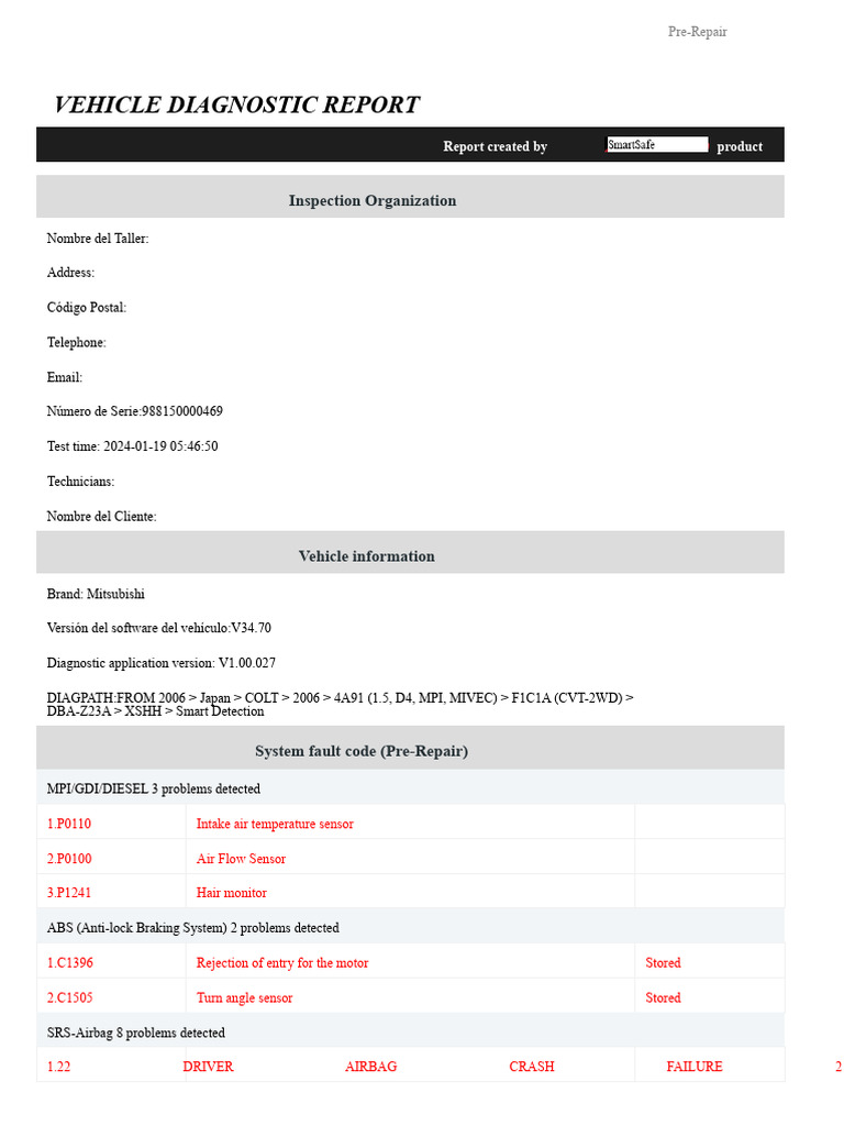 Mitsubishi Vehicle Diagnostic Report | PDF | Airbag | Anti Lock Braking ...