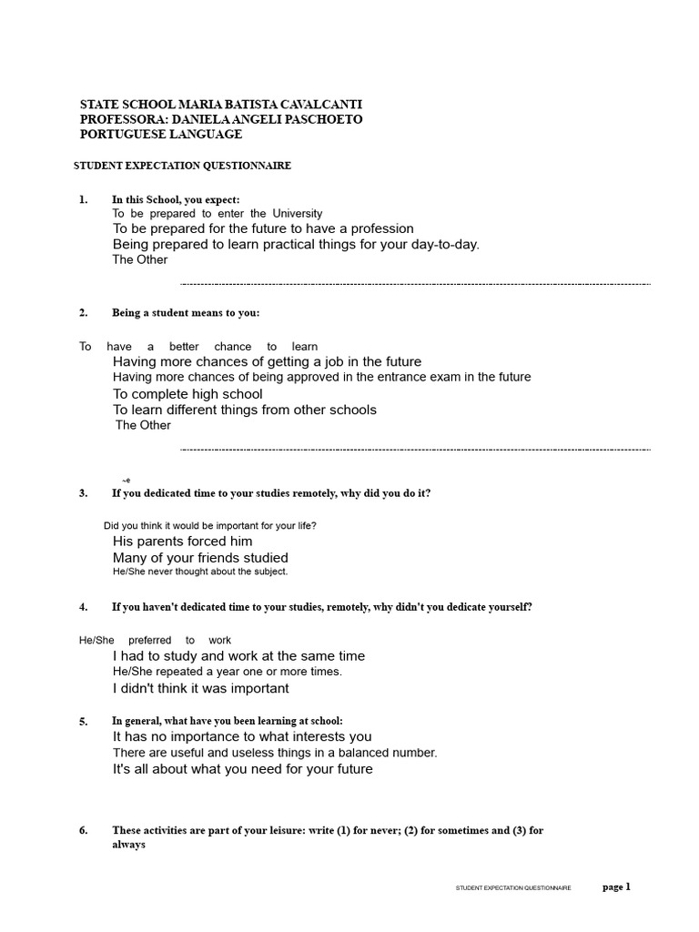 Student Expectations Questionnaire | PDF
