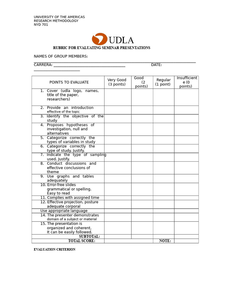 Rubric for Evaluating Seminar Presentations | PDF